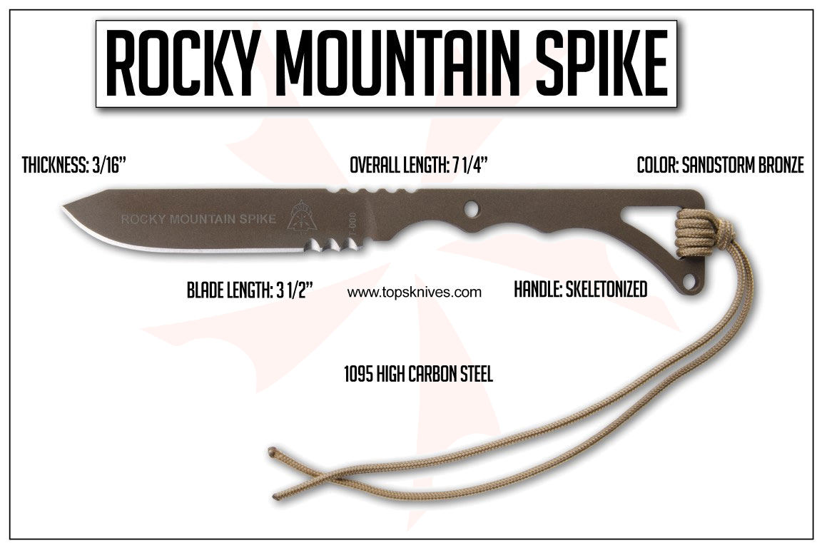 TOPS Knives Rocky Mountain Spike 3.5" Sandstorm Bronze 1095 Combo Blade ...