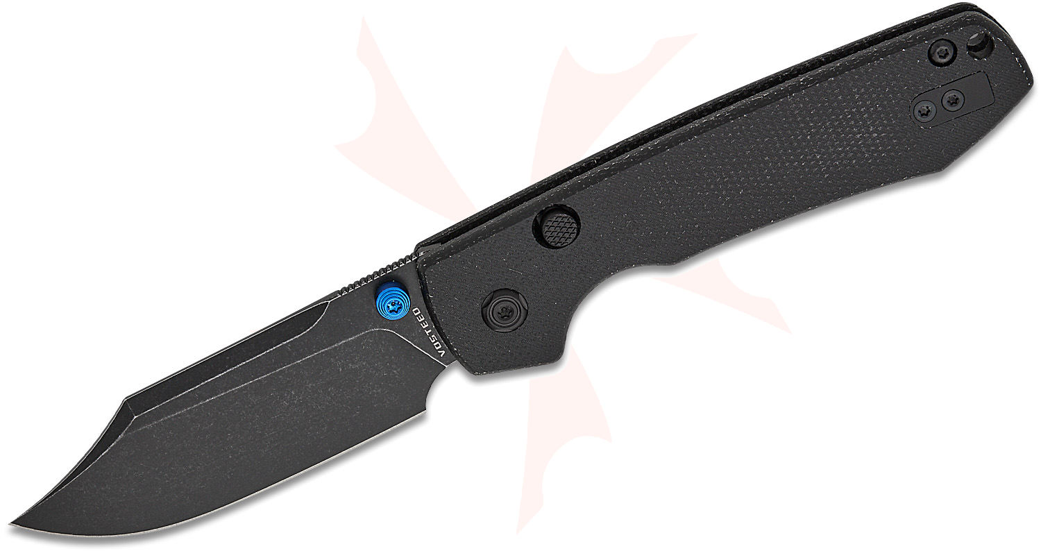 Vosteed Knives Raccoon Button Lock Folding Knife 3.25" Sandvik 14C28N Black Stonewashed Bowie ...