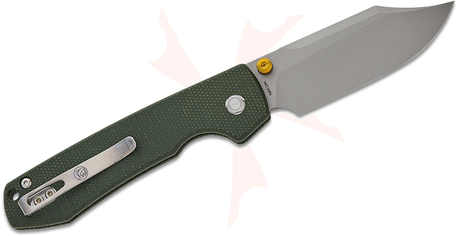 Vosteed Knives Raccoon Button Lock Folding Knife 3.25" Sandvik 14C28N Stonewashed Bowie Blade ...