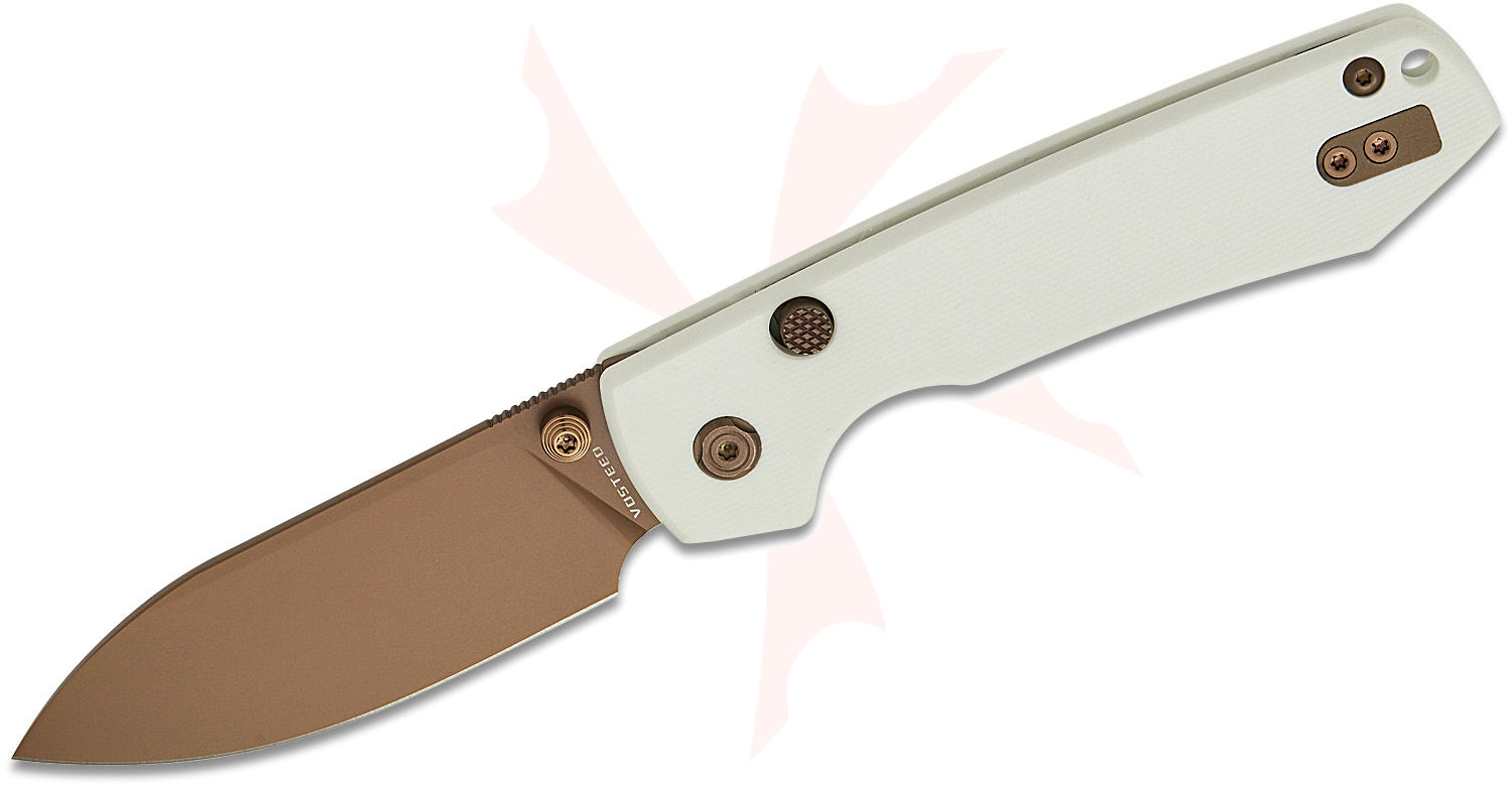 Vosteed Knives Raccoon Button Lock Folding Knife 3.25" Sandvik 14C28N Copper Dune Drop Point ...