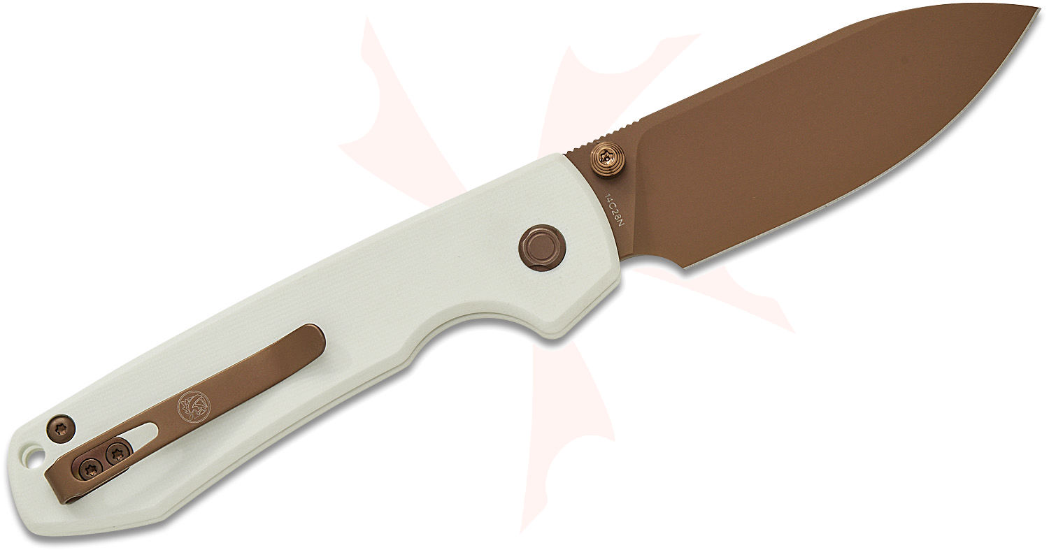 Vosteed Knives Raccoon Button Lock Folding Knife 3.25" Sandvik 14C28N Copper Dune Drop Point ...