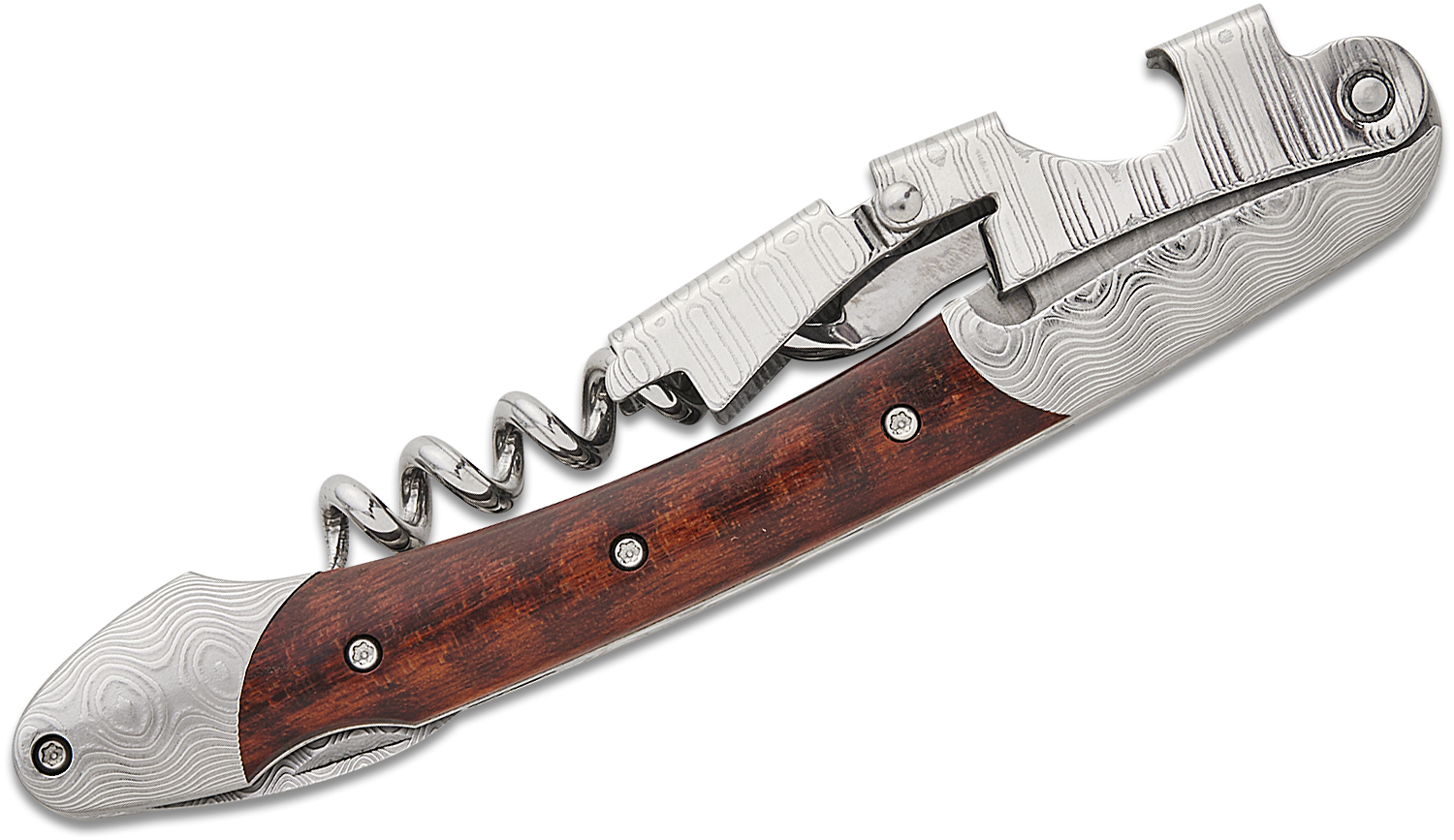 William Henry 'Cluster' Wine Opener & Corkscrew, Damascus and Snakewood - KnifeCenter - S23 SW