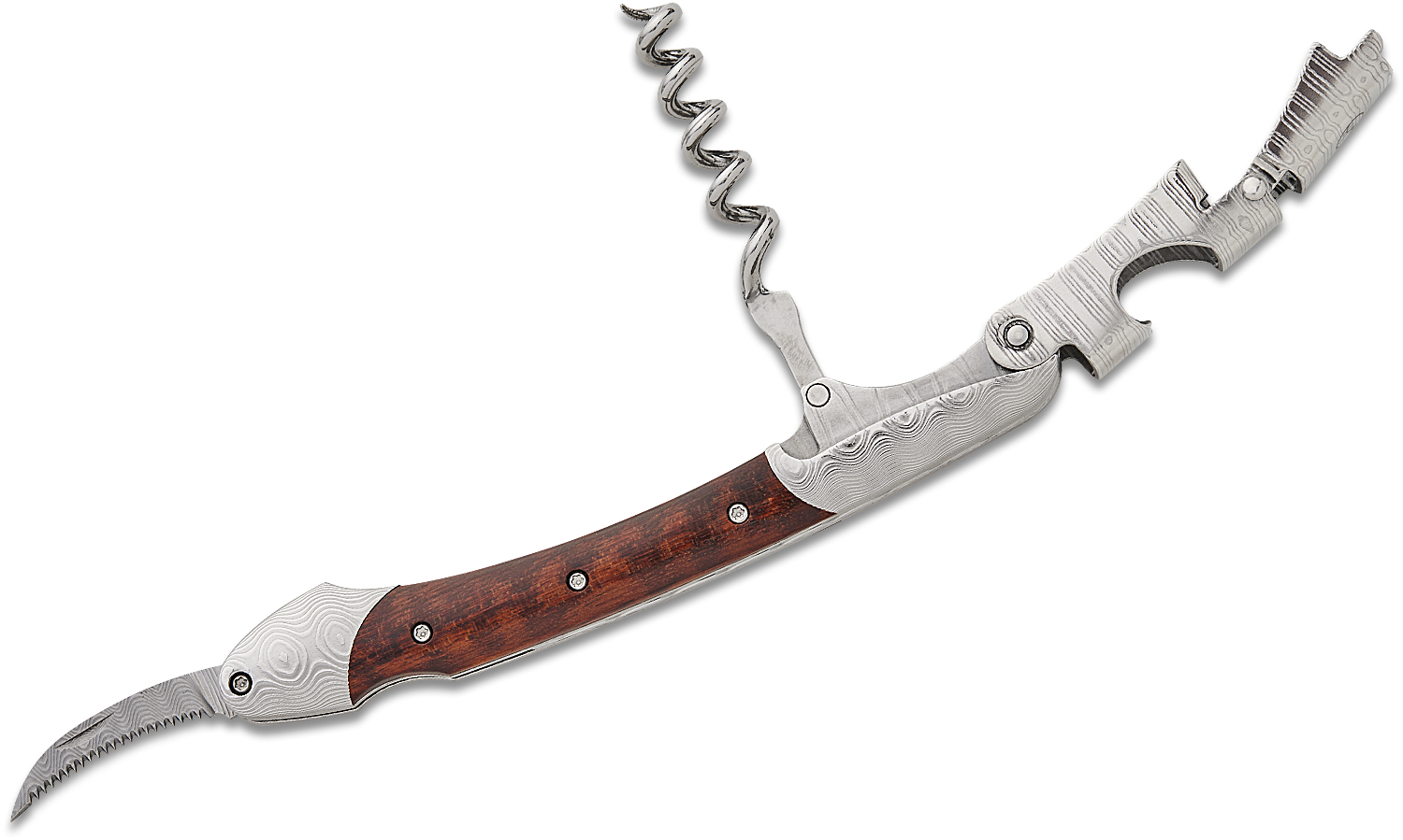 William Henry 'Cluster' Wine Opener & Corkscrew, Damascus and Snakewood - KnifeCenter - S23 SW