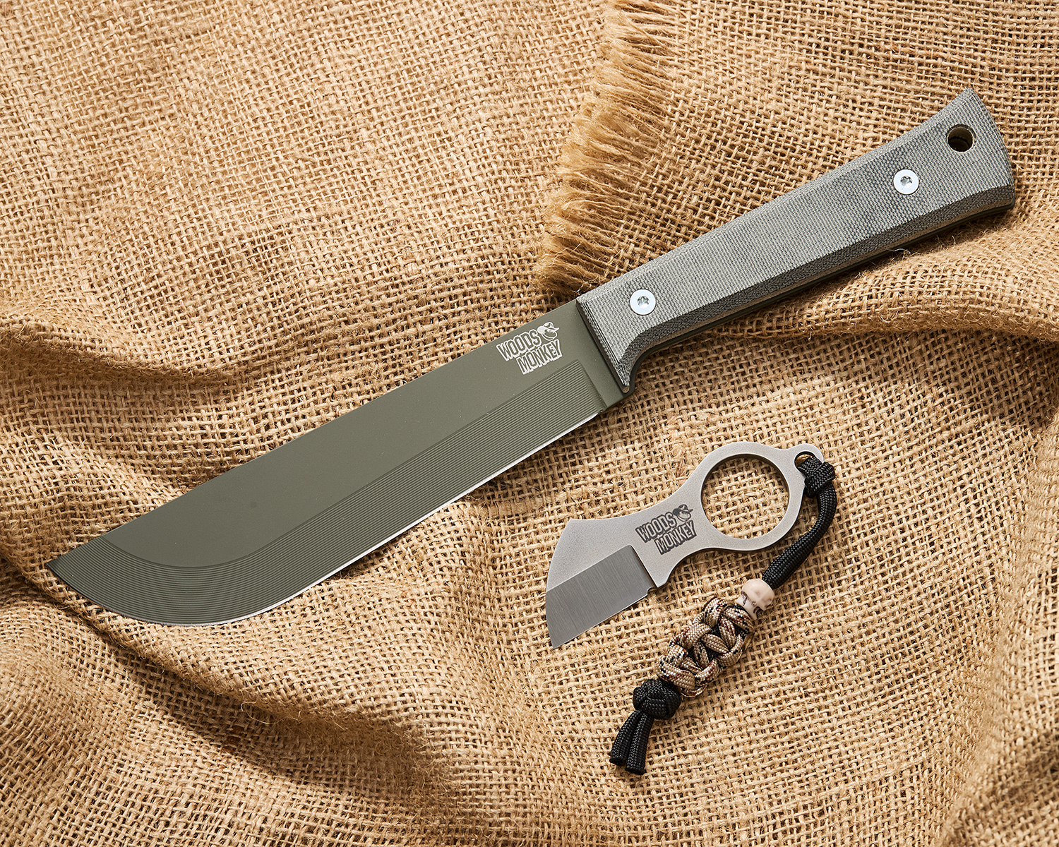 Woodsmonkey by L.T. Wright Half/Chete Fixed Blade Knife 7” 1095 OD Green Cerakote Blade, Black ...