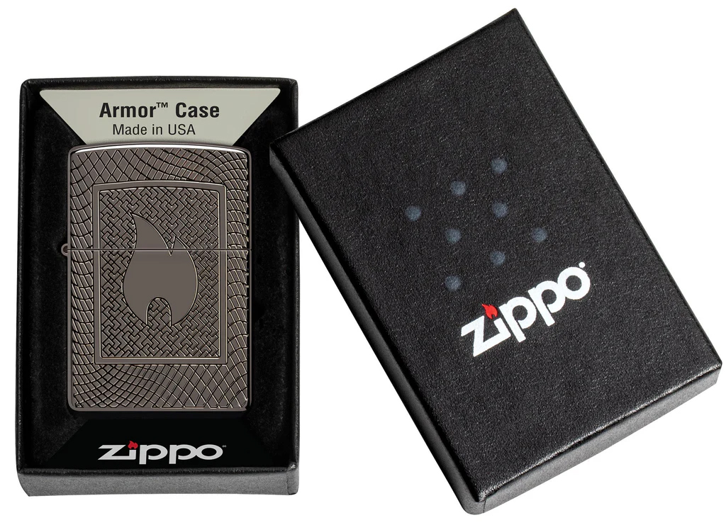 Zippo Lighter High Polish Black, Armor, Deep Carve Flame Pattern Design - KnifeCenter - 48569