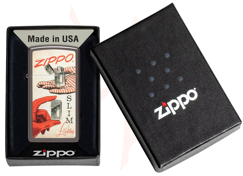 Zippo Lighter Black Ice Slim, Vintage Zippo Design - KnifeCenter - 48396