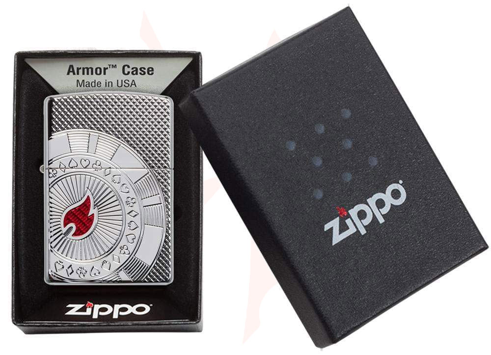 Zippo Lighter High Polish Chrome, Armor, Deep Carve Poker Chip with Flame Inlay - KnifeCenter ...